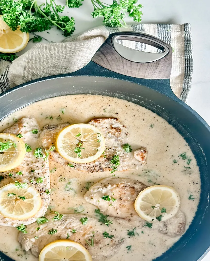 One Pan Lightened Up Creamy Lemon Chicken - Pound Dropper